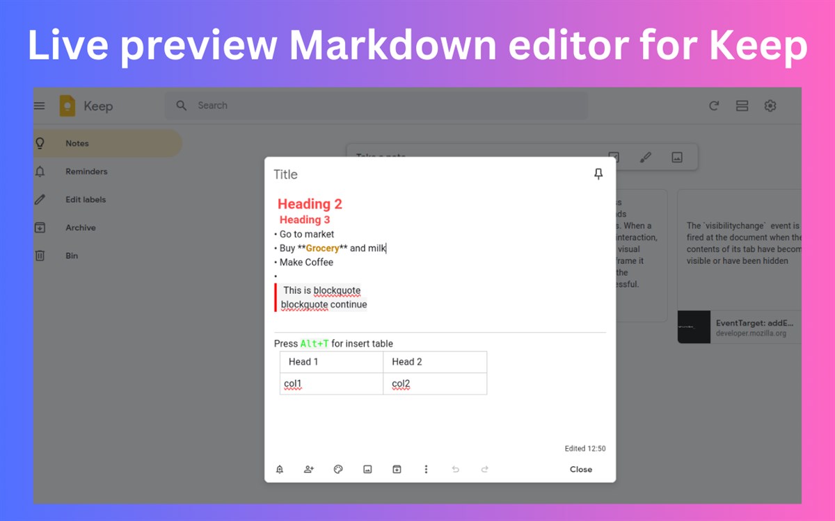 markKeep - Live Markdown Editor for Google Keep