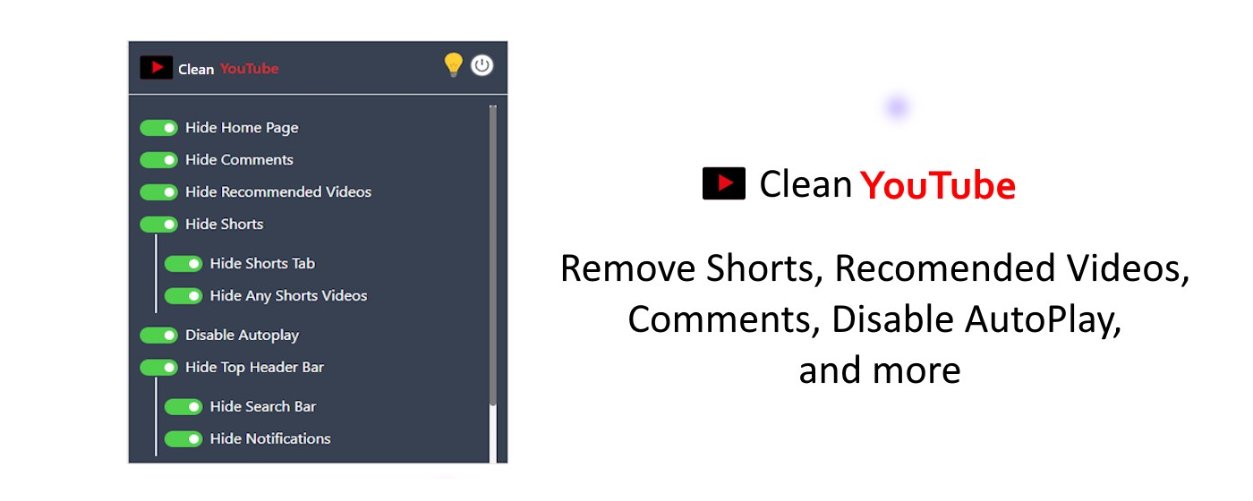 Clean YouTube - Hide Shorts, Comments & Thumbs
