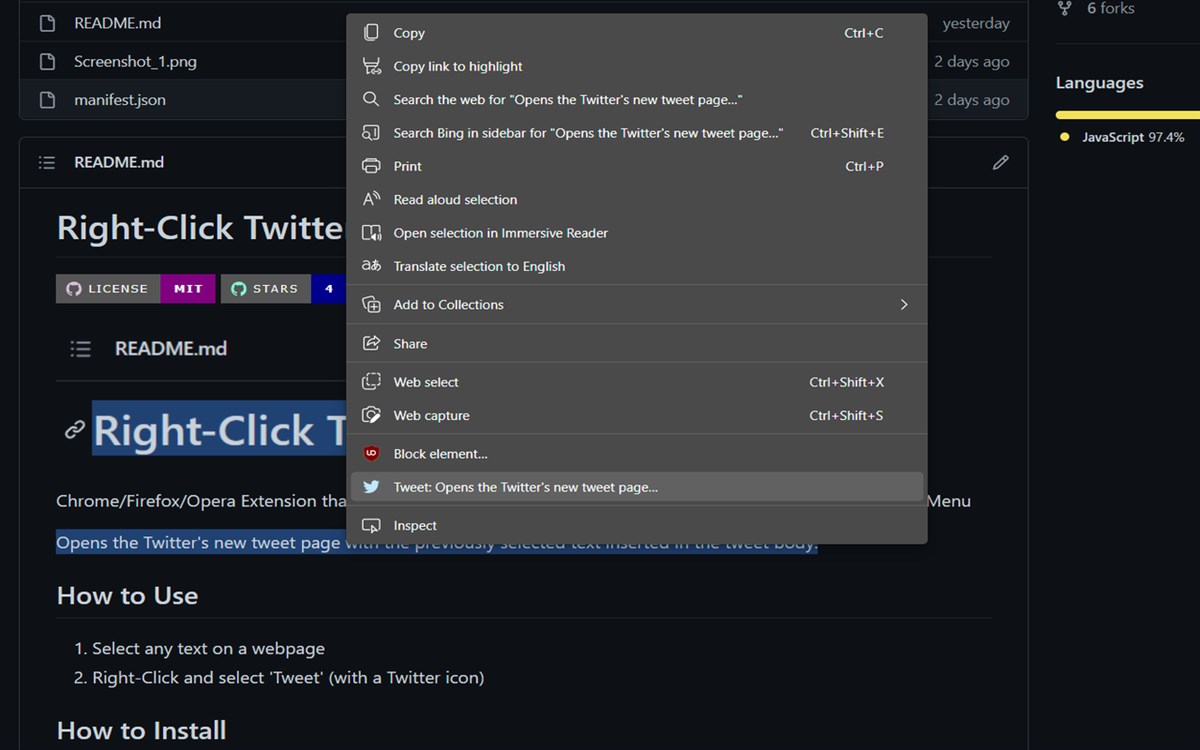 Tweet from Context Menu - Complemento de edge