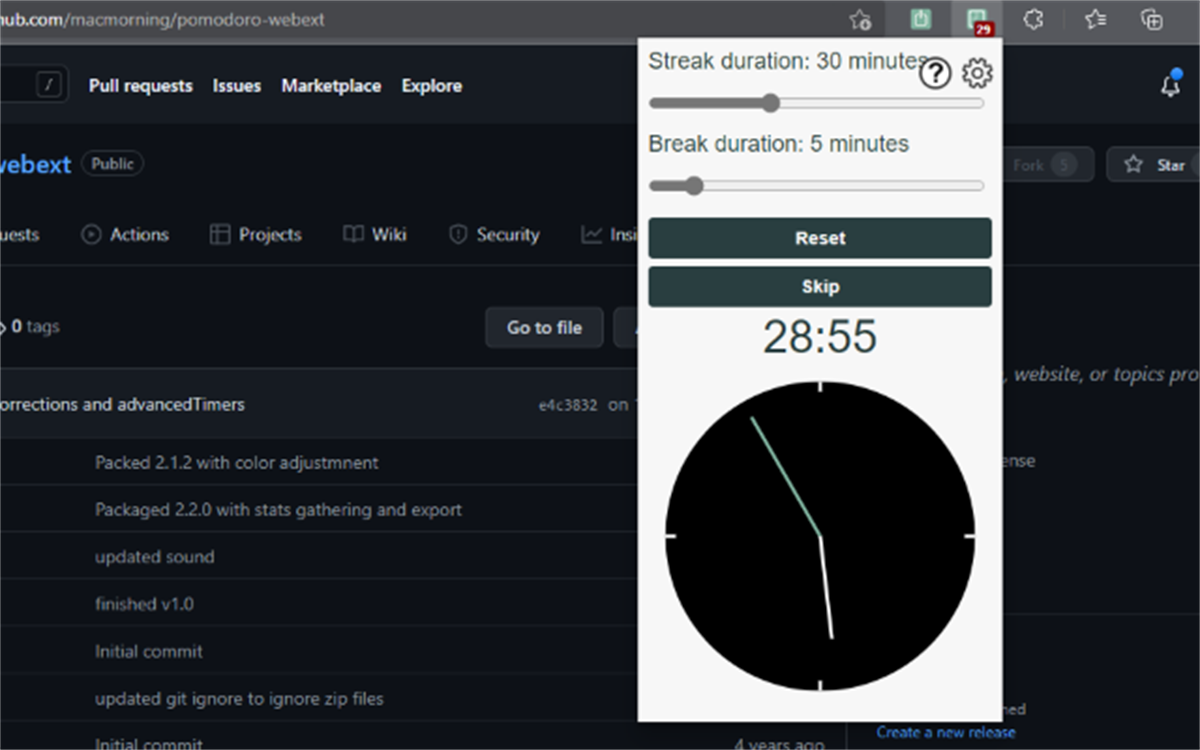 Pomodoro clock - Complemento do edge