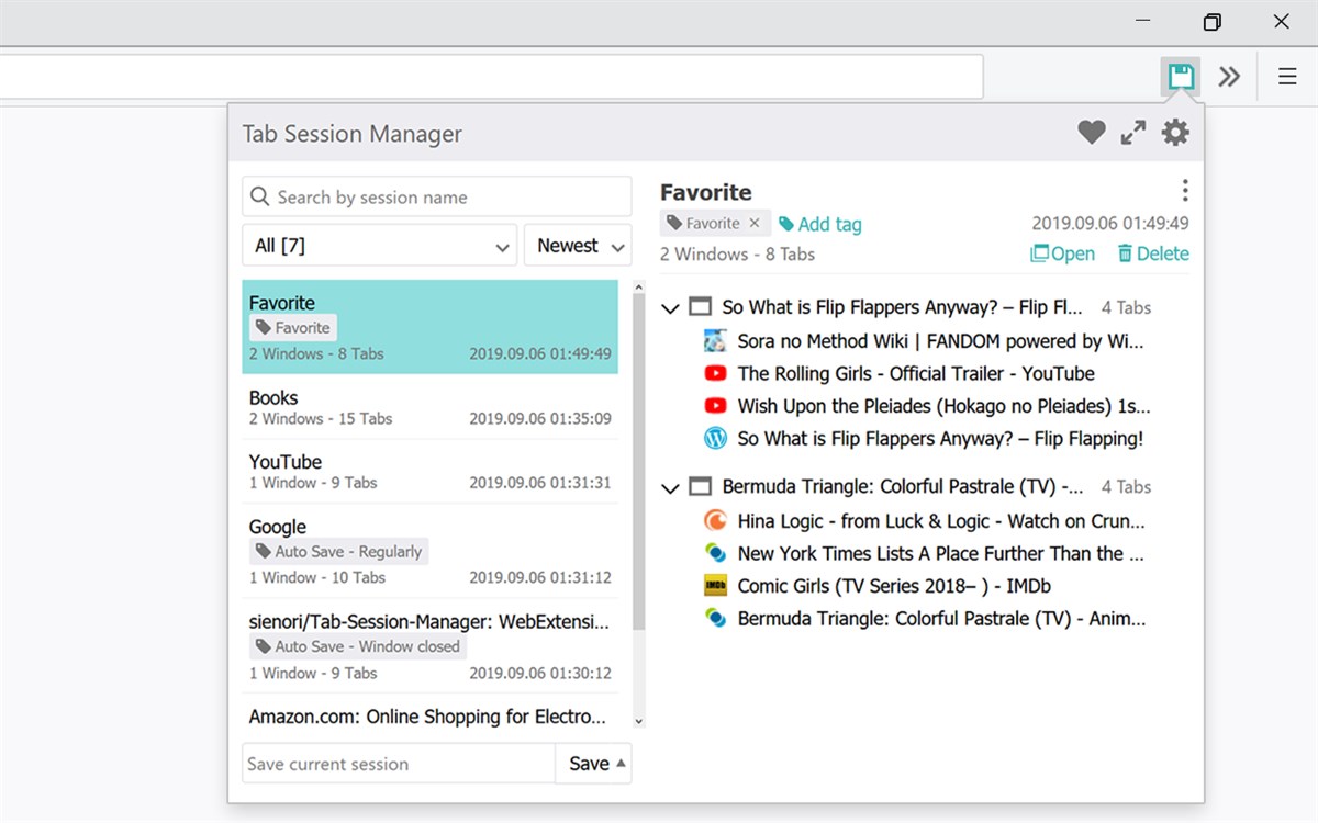 Tab Session Manager - Save and Restore Browser Sessions